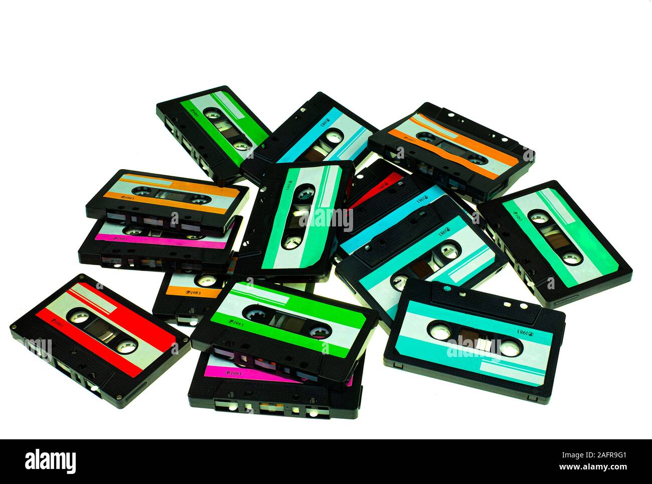 Stack vintage compact cassette tape, Close up set of old audio tapes ...