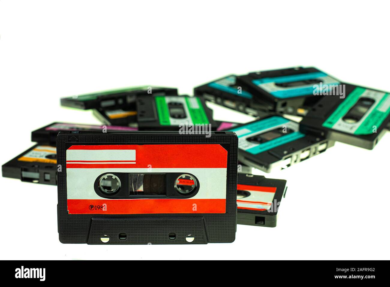 Stack vintage compact cassette tape, Close up set of old audio tapes ...