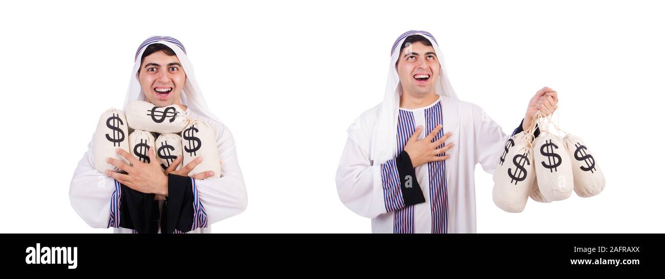 The arab man with money sacks isolated on white Stock Photo - Alamy