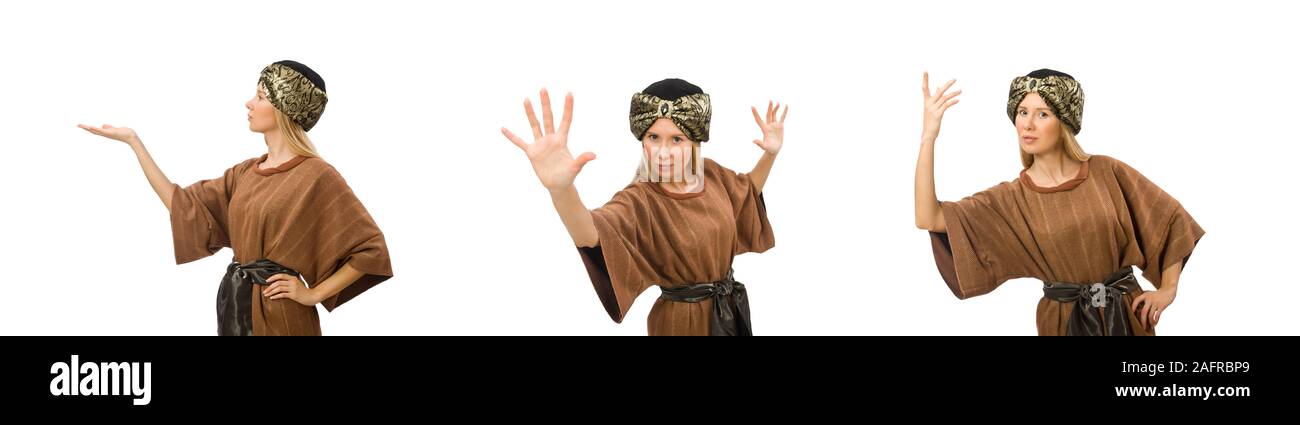 The woman wearing medieval arab clothing on white Stock Photo - Alamy