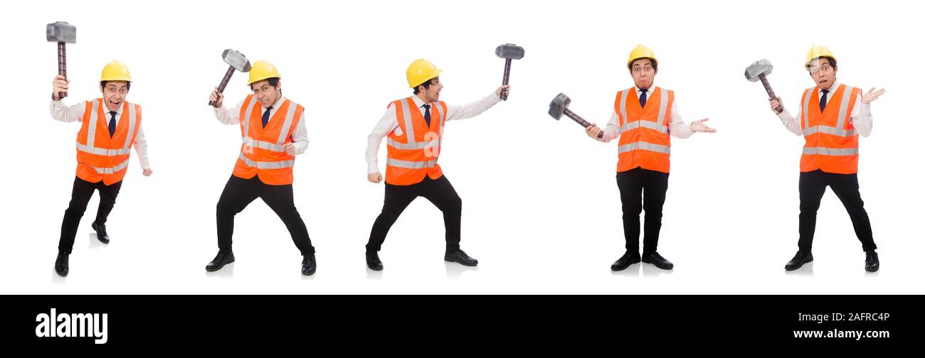 The construction worker with hammer isolated on white Stock Photo - Alamy