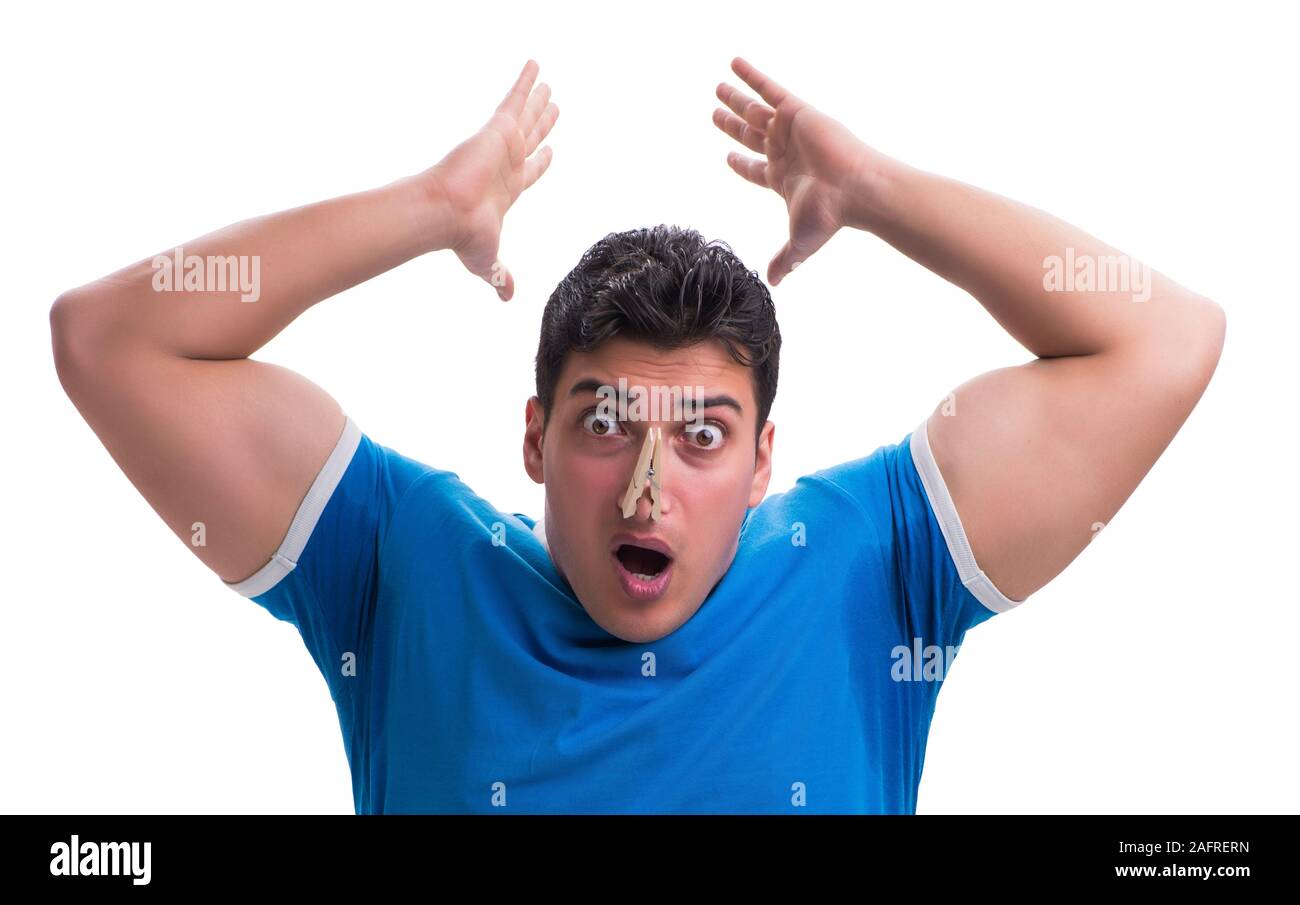 Man sweating excessively smelling bad isolated on white background ...