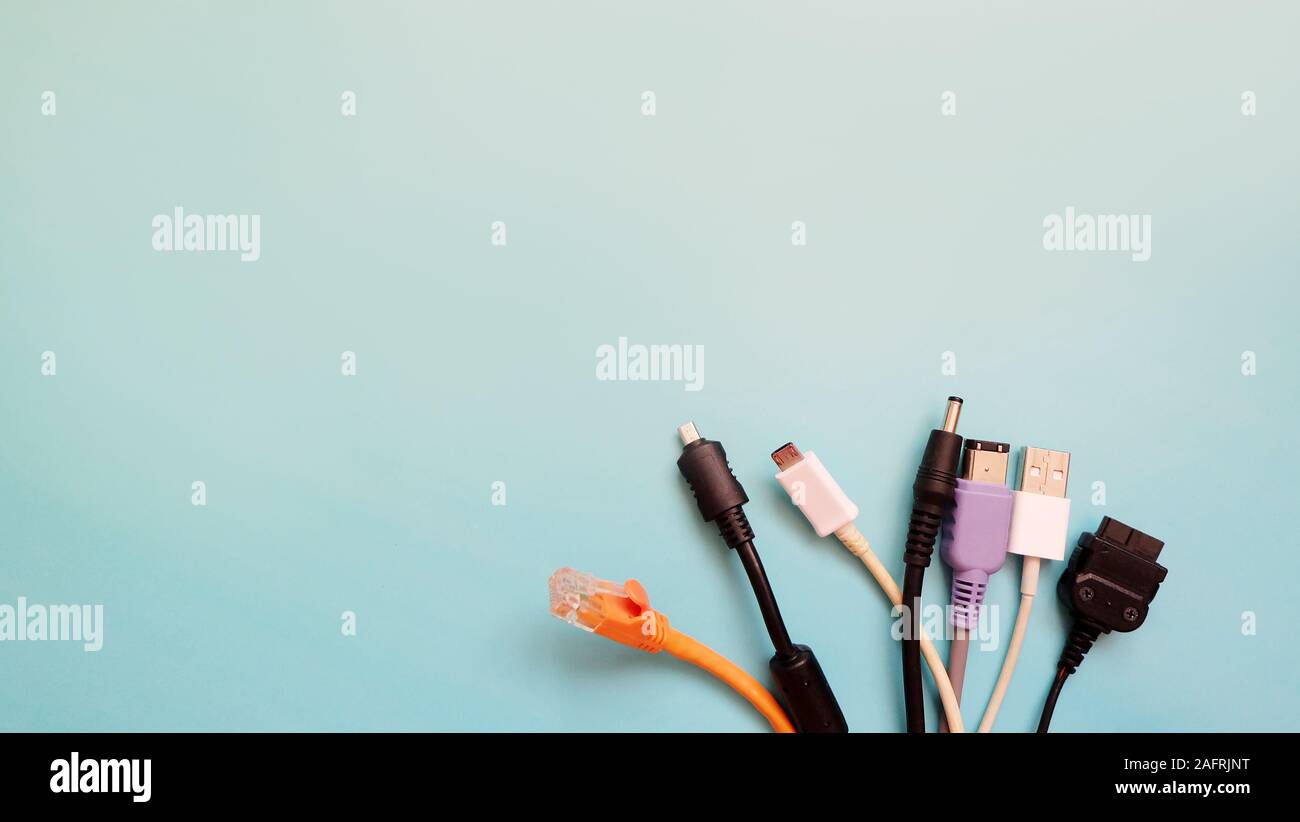 A variety of cable heads on blue background, with copy space on the top ...