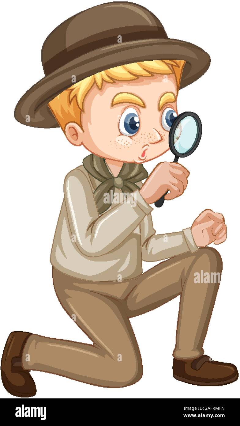 Boy with magnifying glass on isolated background illustration Stock ...