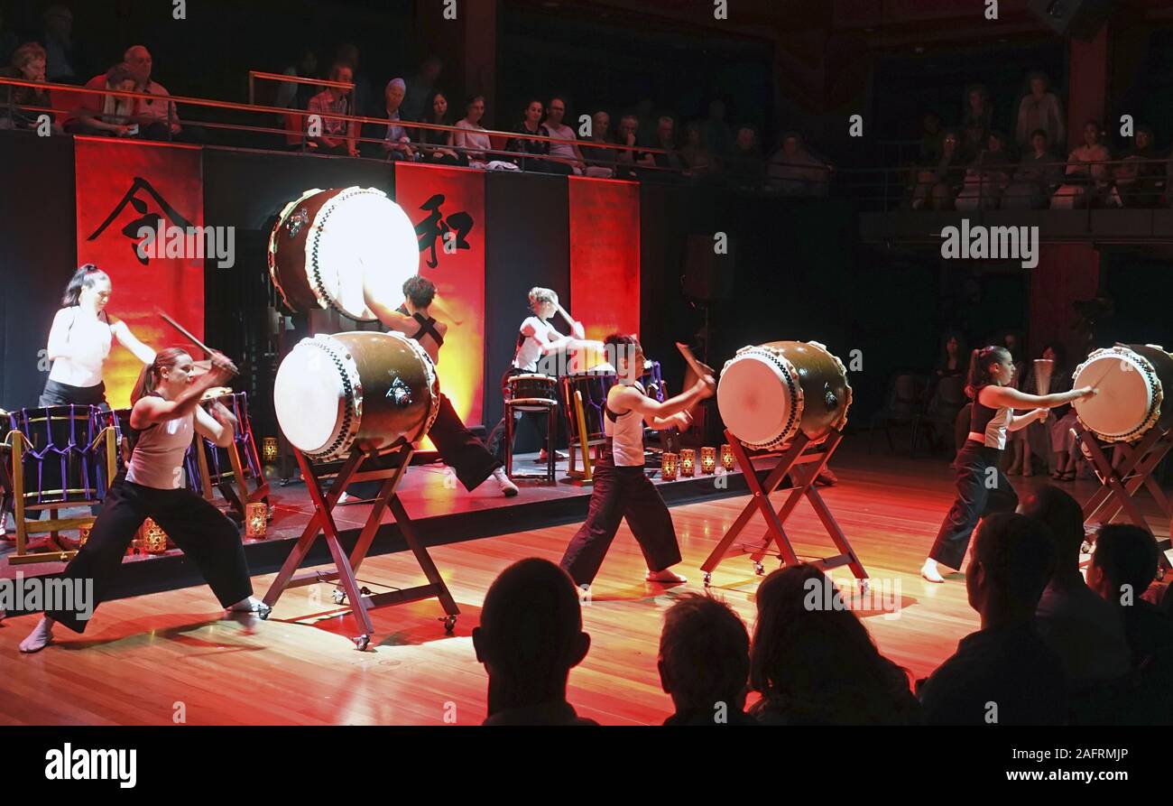 Taiko drummers perform during a Japanese traditional arts show at the ...