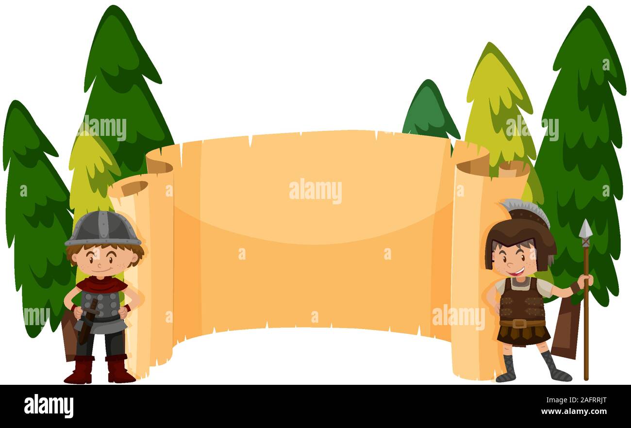 Frame template with happy two knights and pine trees illustration Stock ...