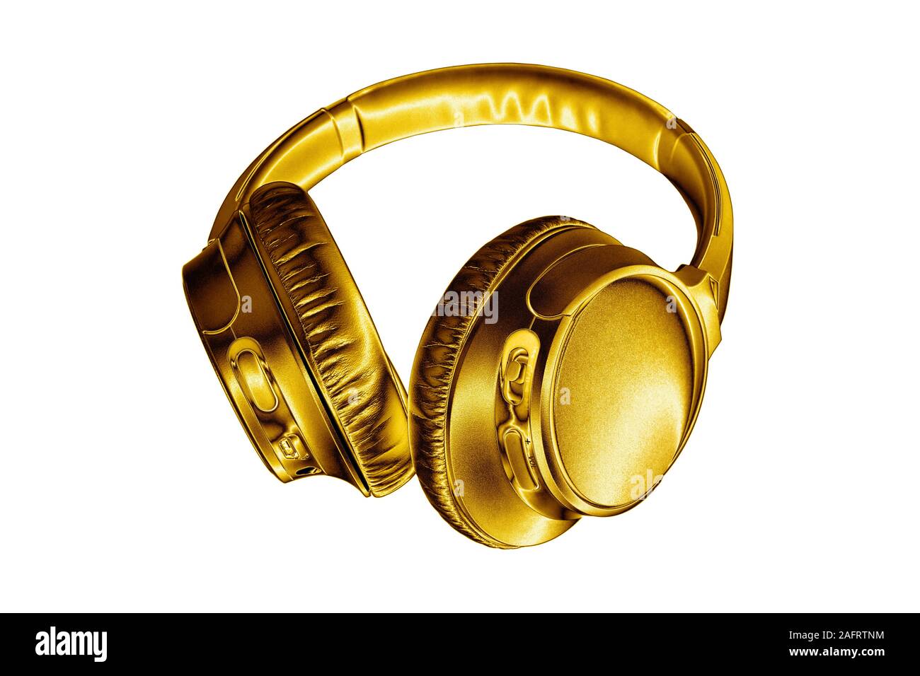 Golden shiny wireless headphones on white background isolated close up ...