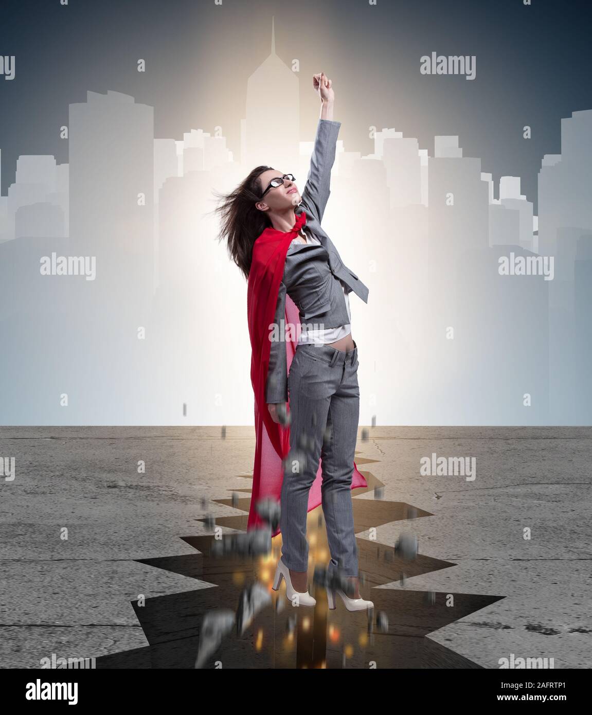 The superhero businesswoman escaping from difficult situation Stock ...