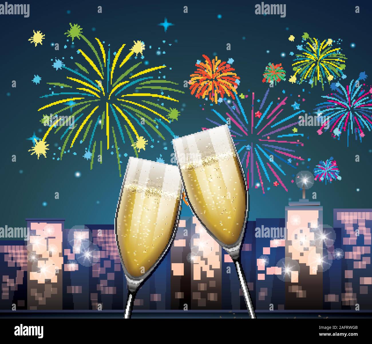Background with two glasses of champagne and fireworks illustration ...