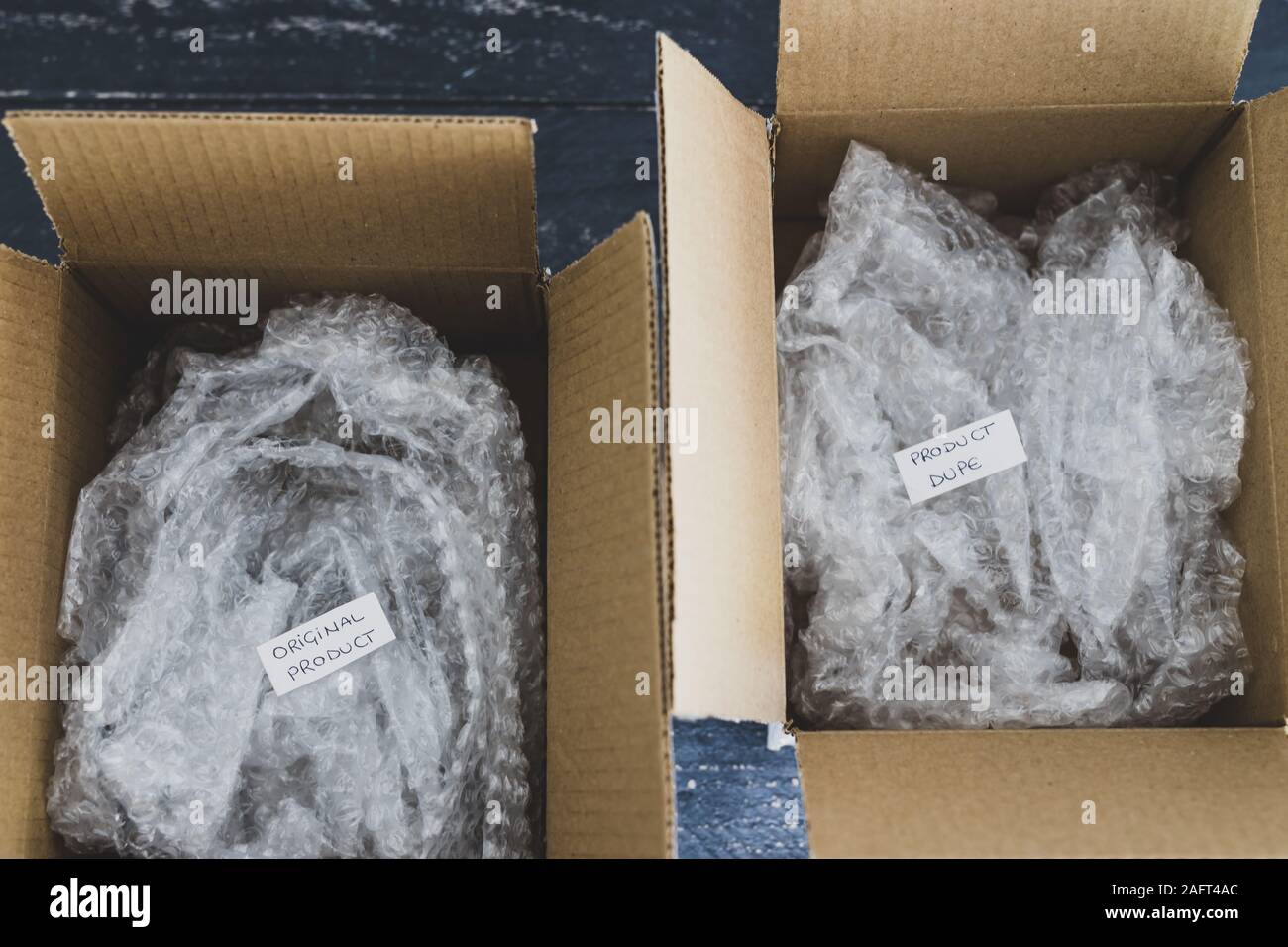 original product vs dupe imitation label inside delivery parcel boxes ...