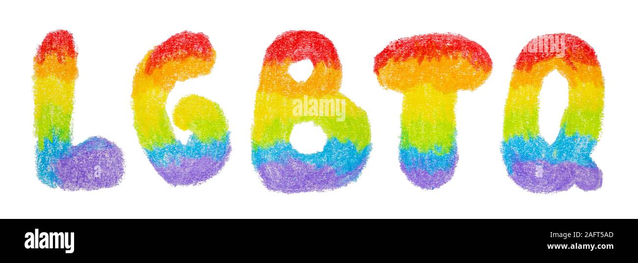 Hand drawn colored pencil letters LGBTQ in rainbow colors. LGBT, LGBTQ+ ...