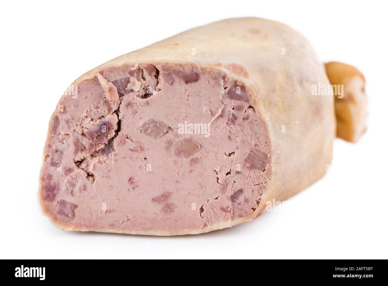 German Leberwurst isolated on white background (selective focus; close ...