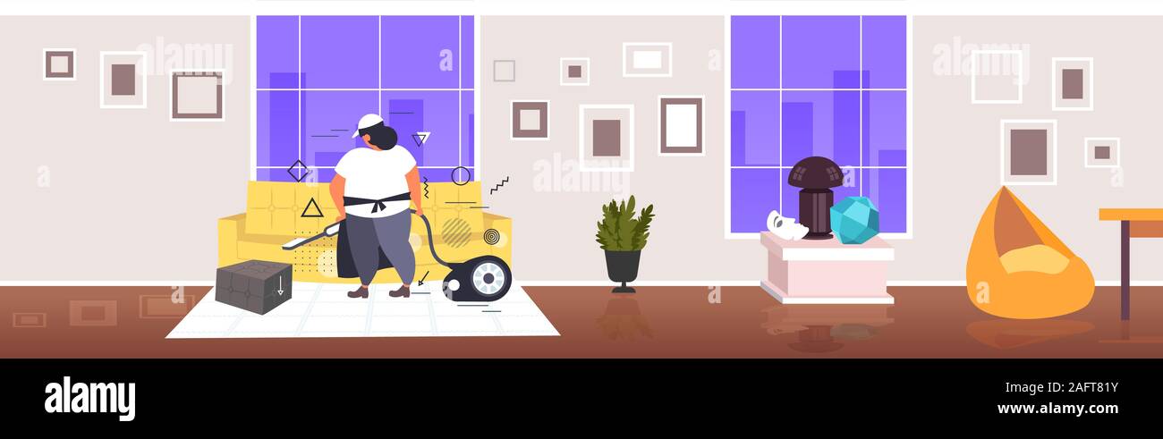 fat woman using vacuum cleaner female janitor in uniform vacuuming sofa ...