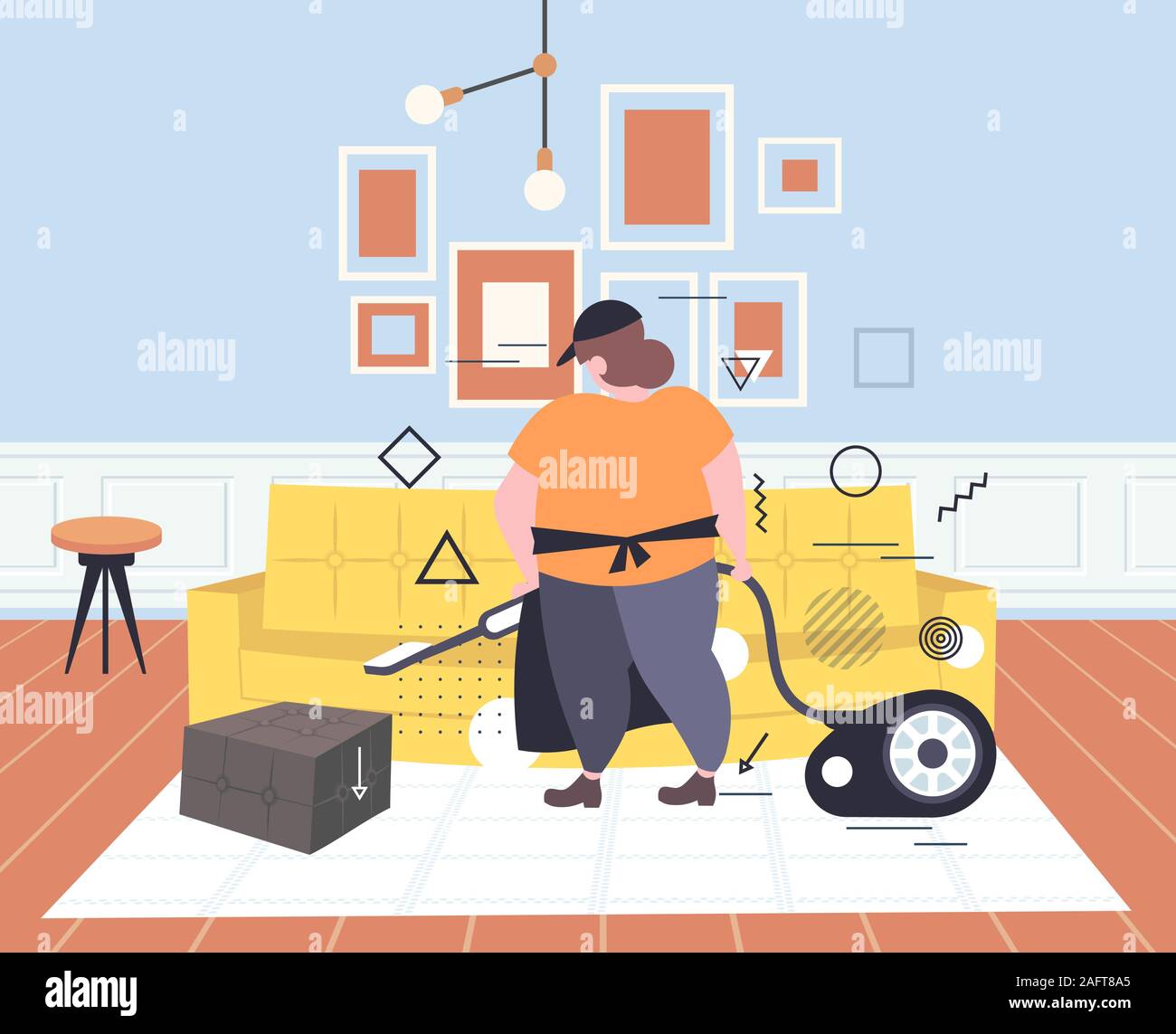 fat woman using vacuum cleaner female janitor in uniform vacuuming sofa ...
