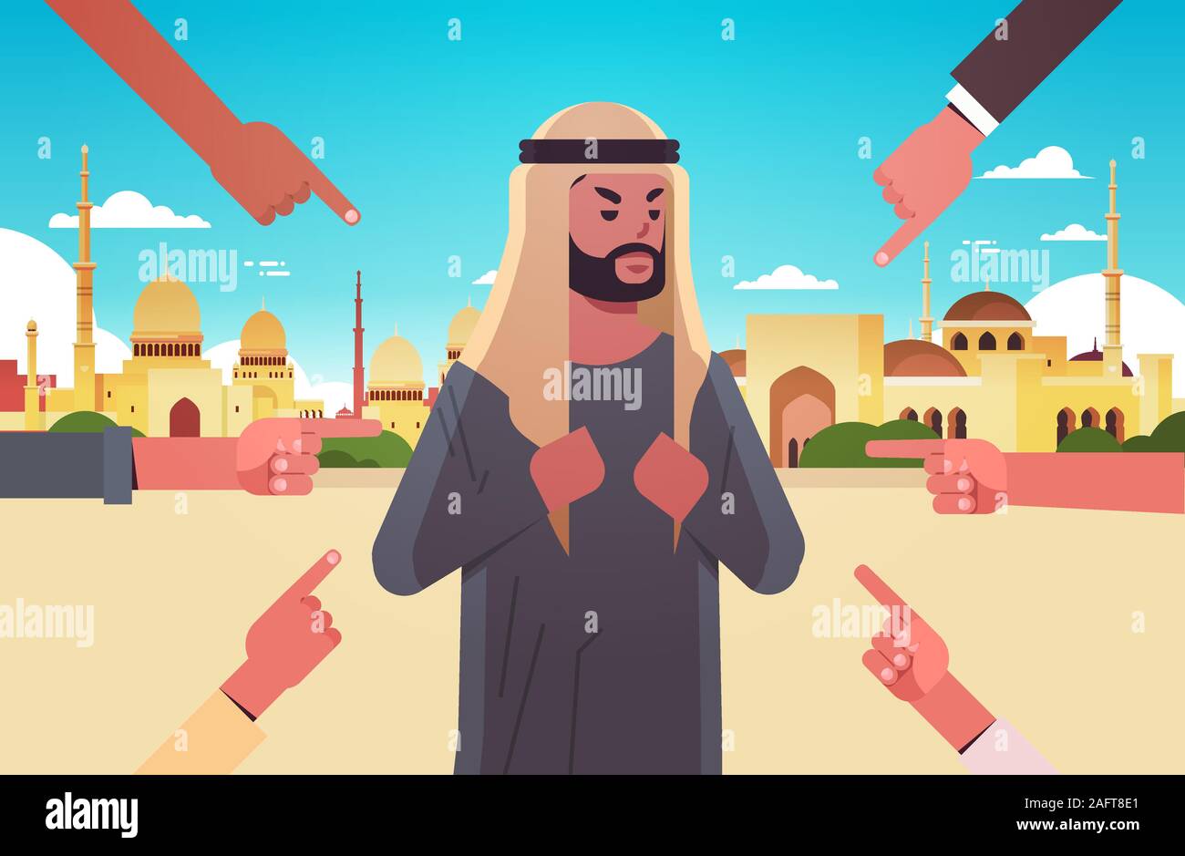 depressed arab man being bullied surrounded by hands fingers mocking ...
