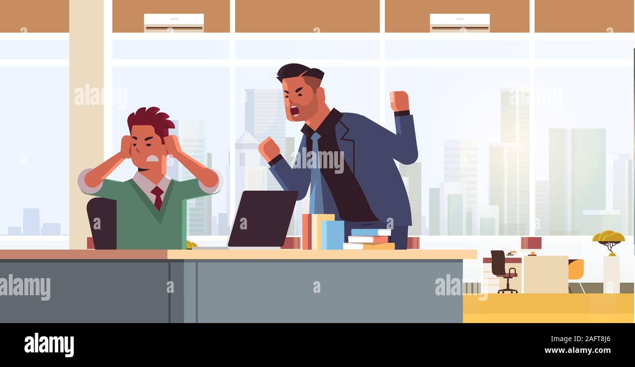 angry boss shouting at male sad employee stress at work emotional ...