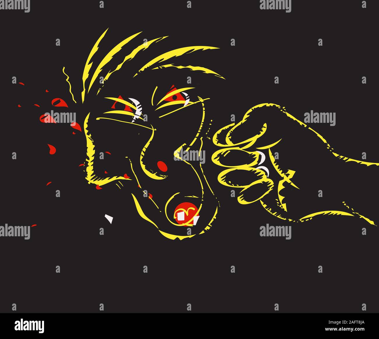 Illustration of a fisting smashing face, concept of violence, on black ...