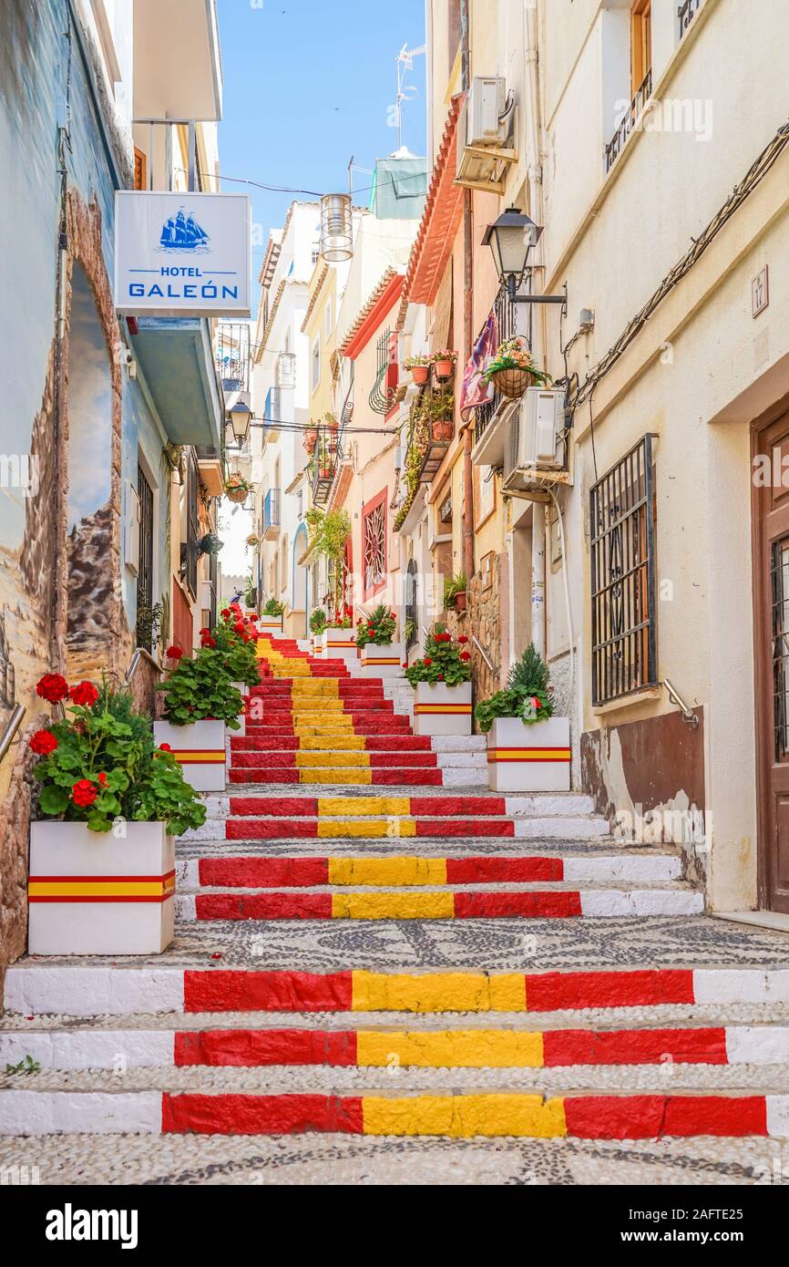 Calp, Spain, 17 June, 2019: Beautiful streets of Calpe Old town. Famous ...