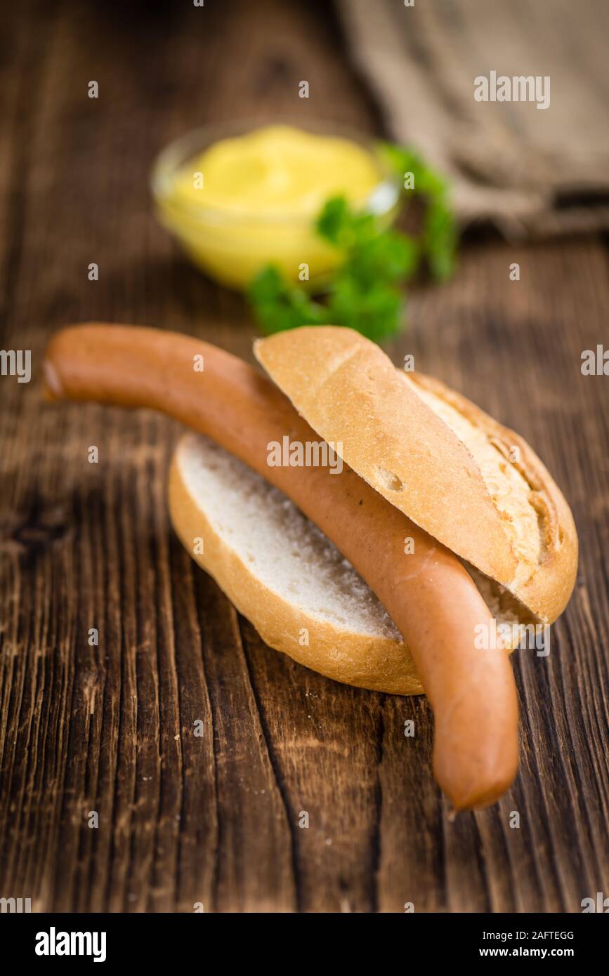 German Sausages (Wiener) as high detailed close-up shot on a vintage ...