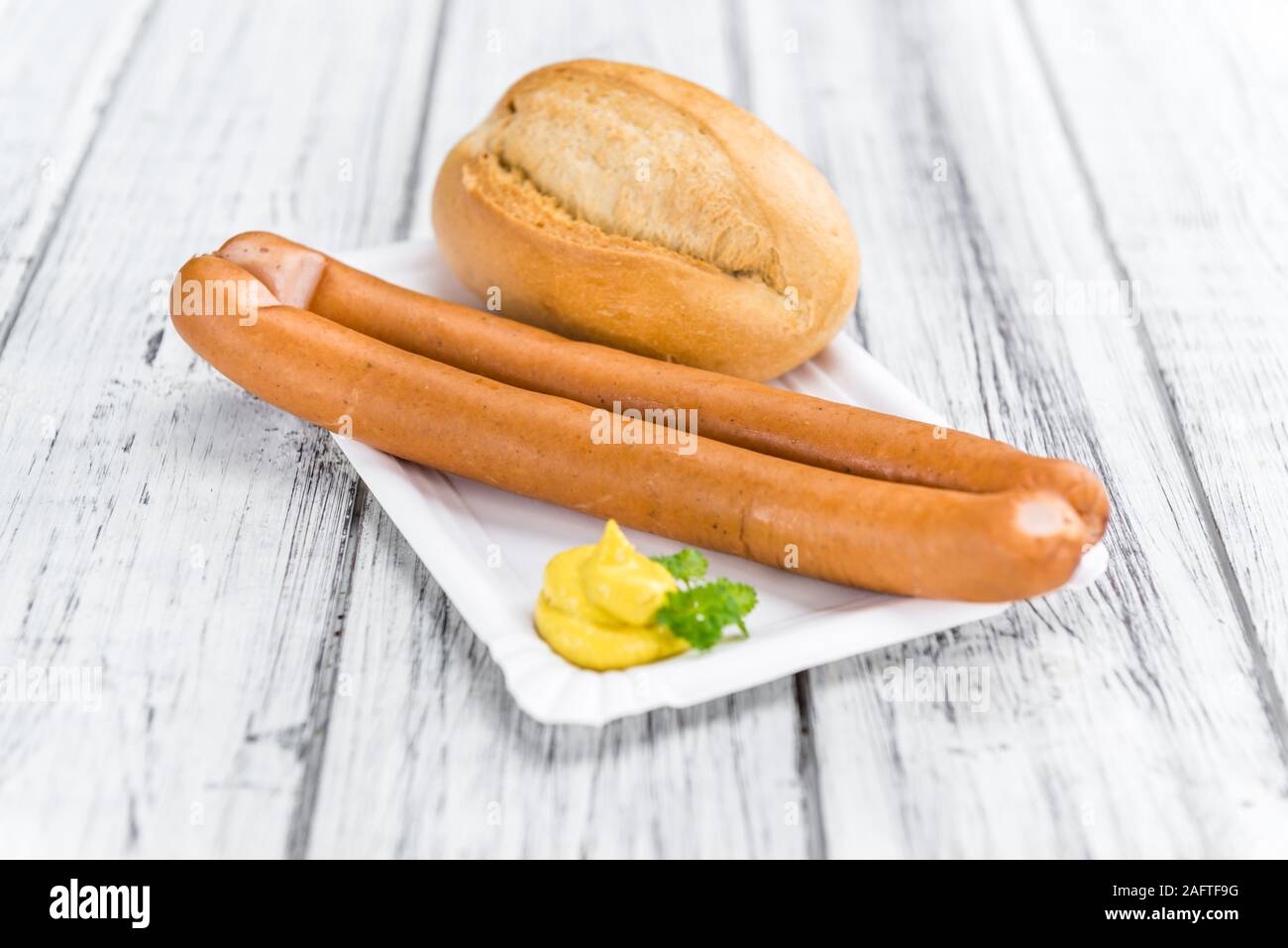 Fresh made German Sausages (Wiener) on a vintage background (close-up ...