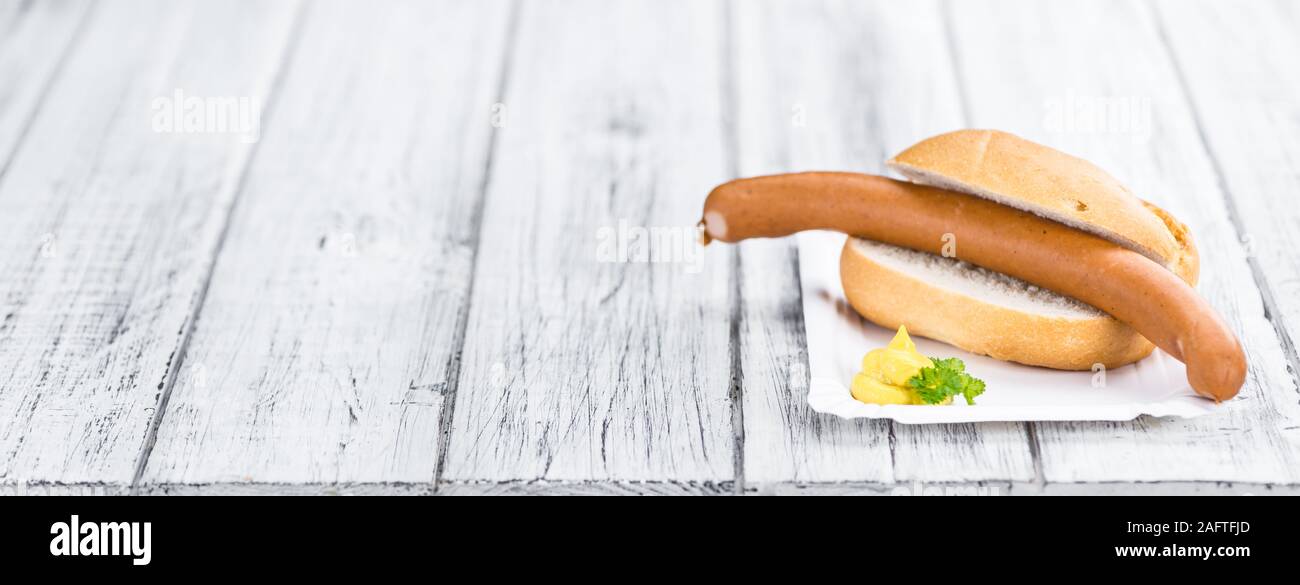 Fresh made German Sausages (Wiener) on a vintage background (close-up ...