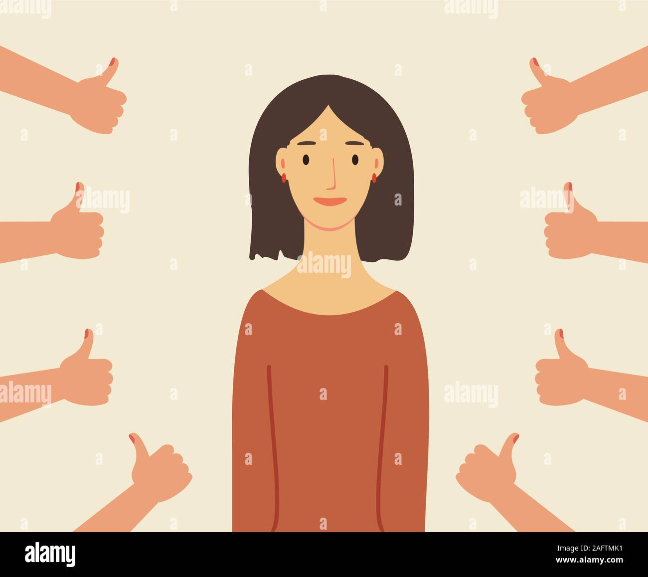 Smiling happy young woman surrounded by hands with thumbs up. Concept ...