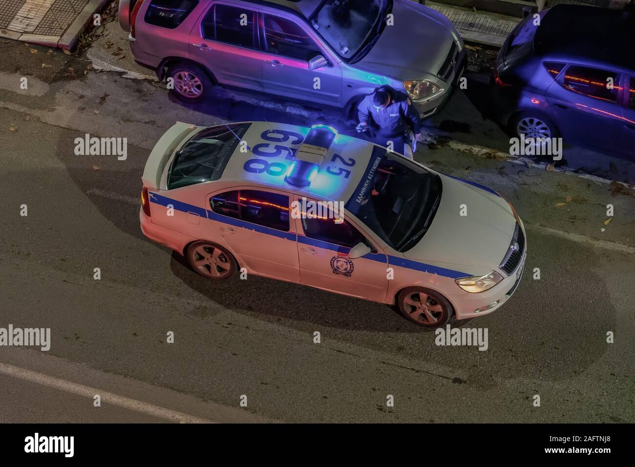 Thessaloniki, Greece elevated view of Greek police car & police officer ...