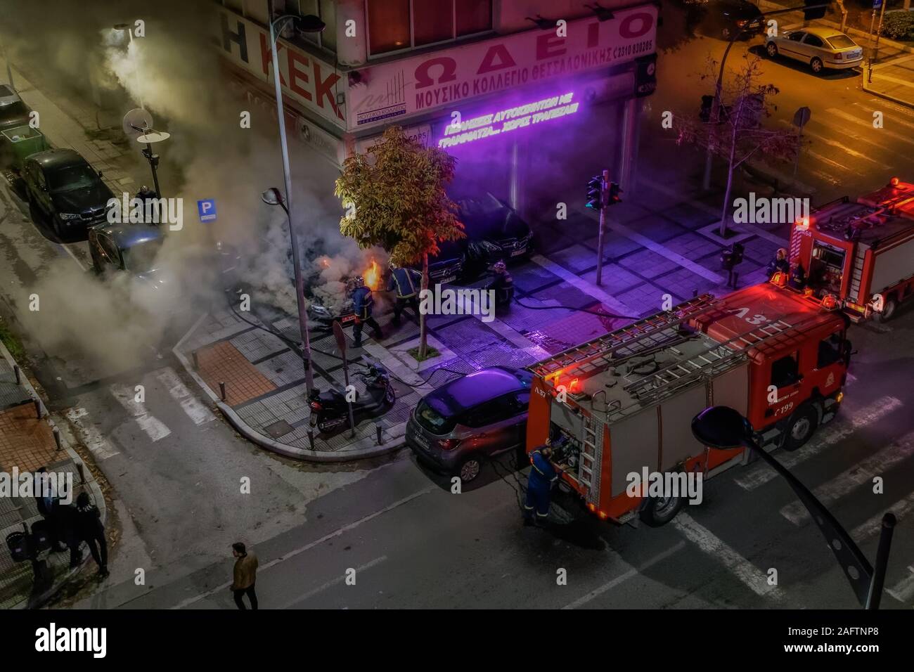 Thessaloniki, Greece Greek firefighters during fire at luxury car ...