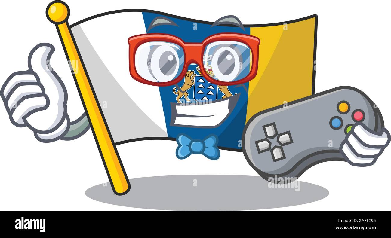 Funny geek gamer flag canary island Scroll cartoon character style ...