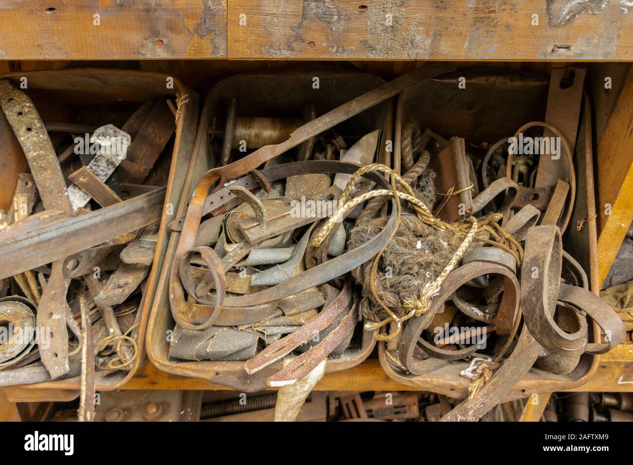 close up of leather machine drive belts in Sir Richard Arkwright's ...