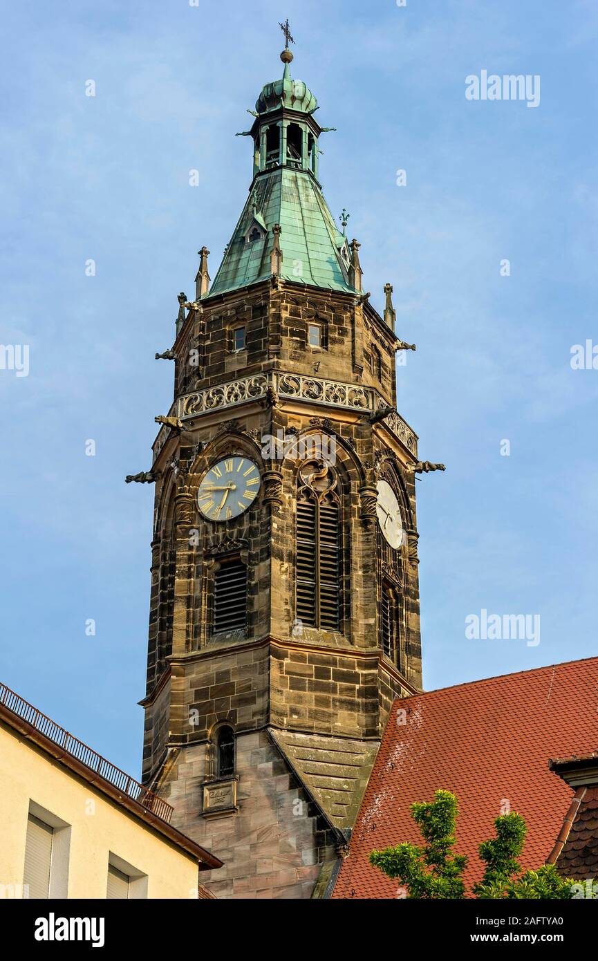 Bell tower, gothic town church, old town, Roth, Middle Franconia ...