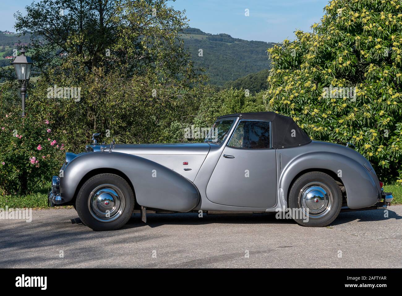 Silver oldtimer Triumph Roadster 1800, year 1948, sportscar, side view ...