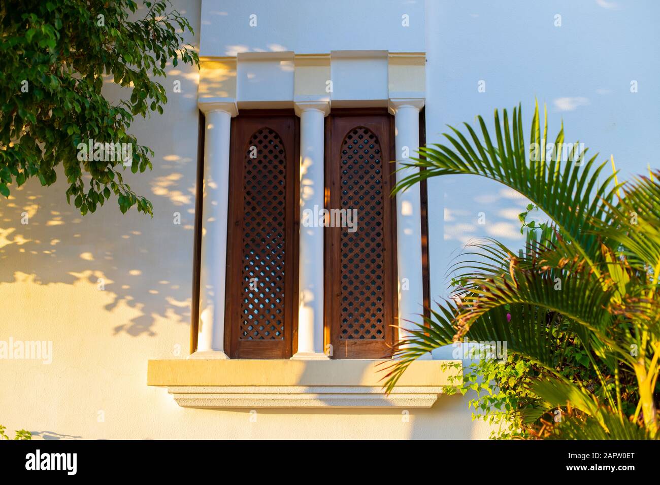 Window closed by shutters. East style window close-up. Branches of ...