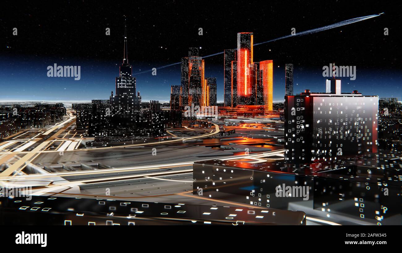 Futuristic glass city with luminous windows. Luminous roads and bright ...