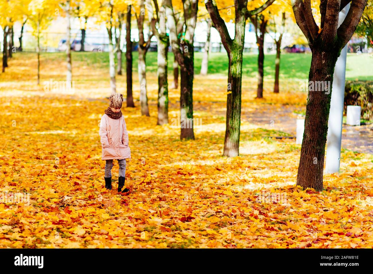 a little girl goes on autumn Park and sad Stock Photo - Alamy