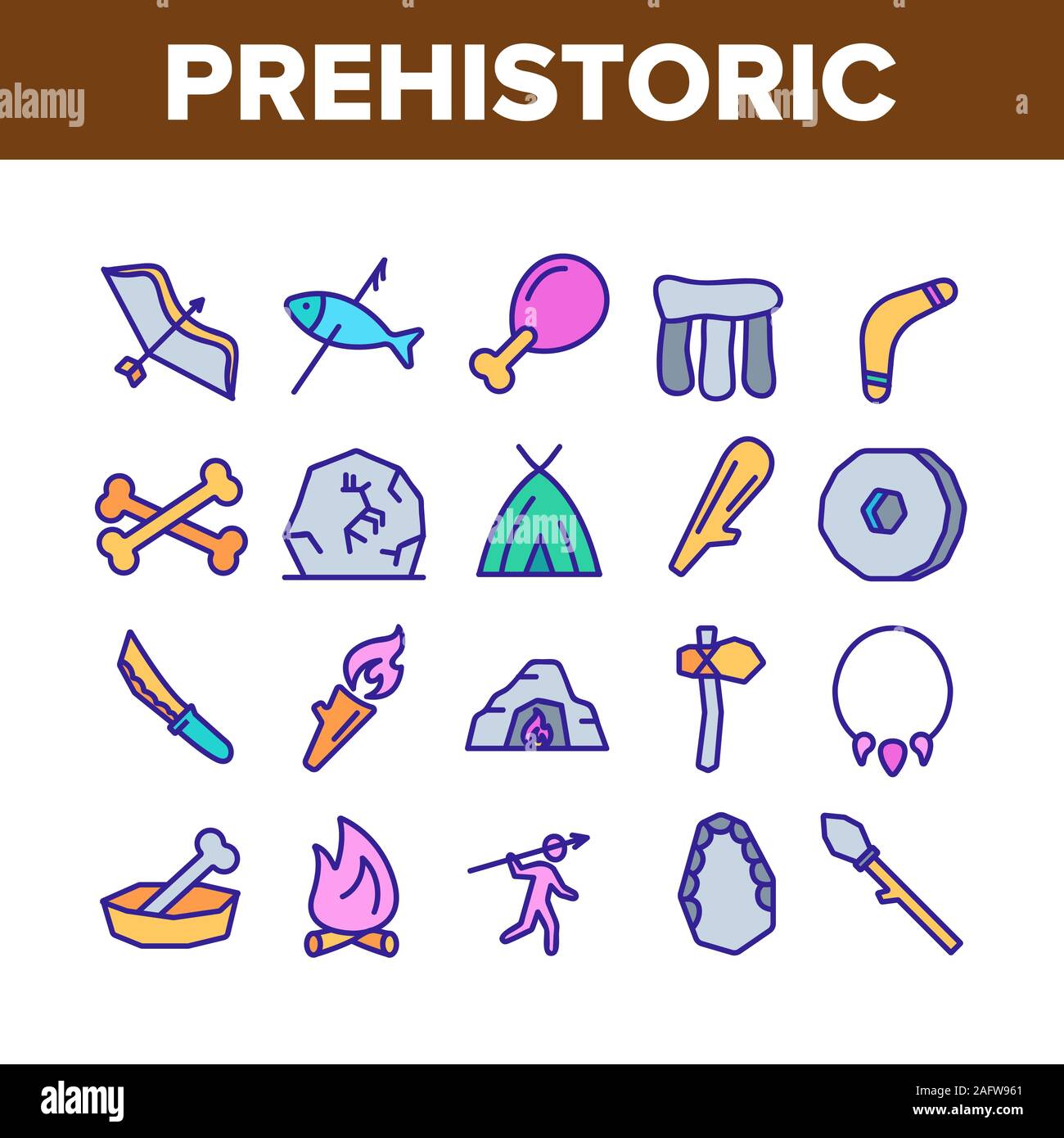 Prehistoric Primitive Collection Icons Set Vector Stock Vector Image ...