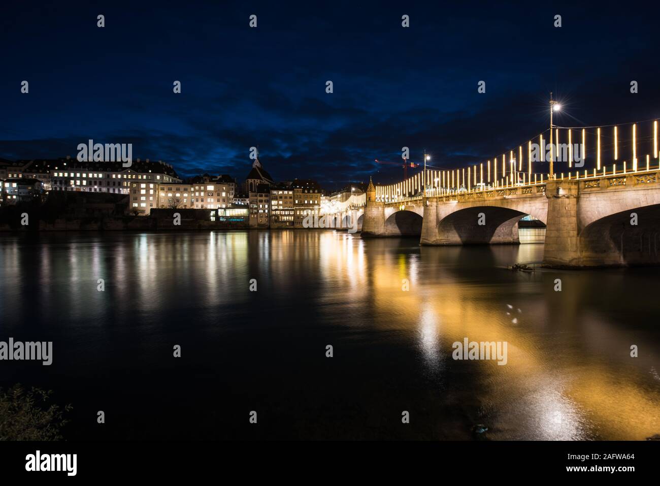 Basel switzerland at rhine river with the middle bridge at night Stock ...