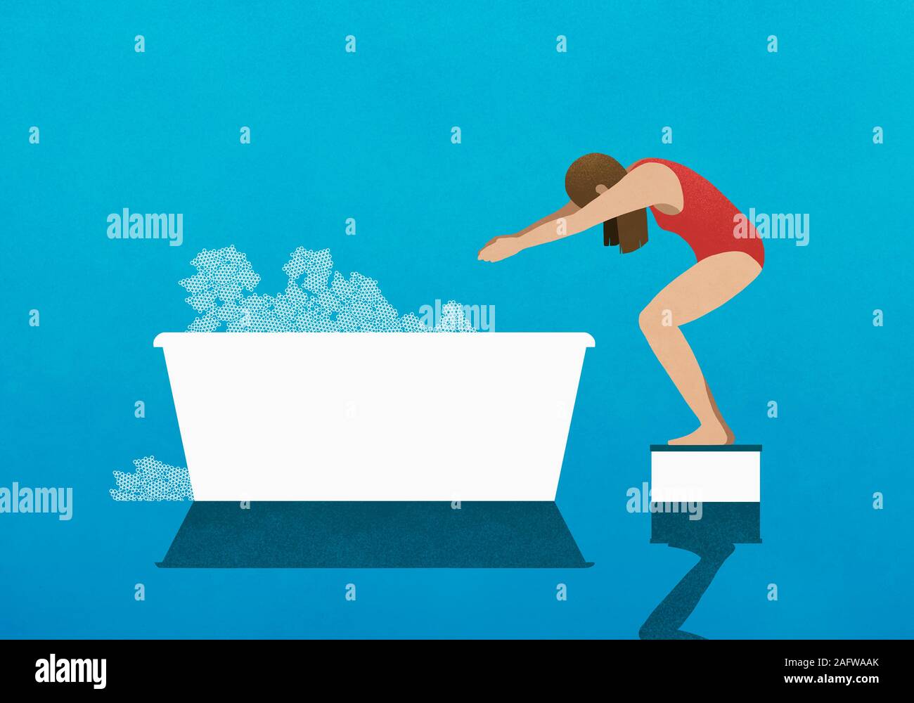 Woman on diving block preparing to dive into bubble bath Stock Photo ...