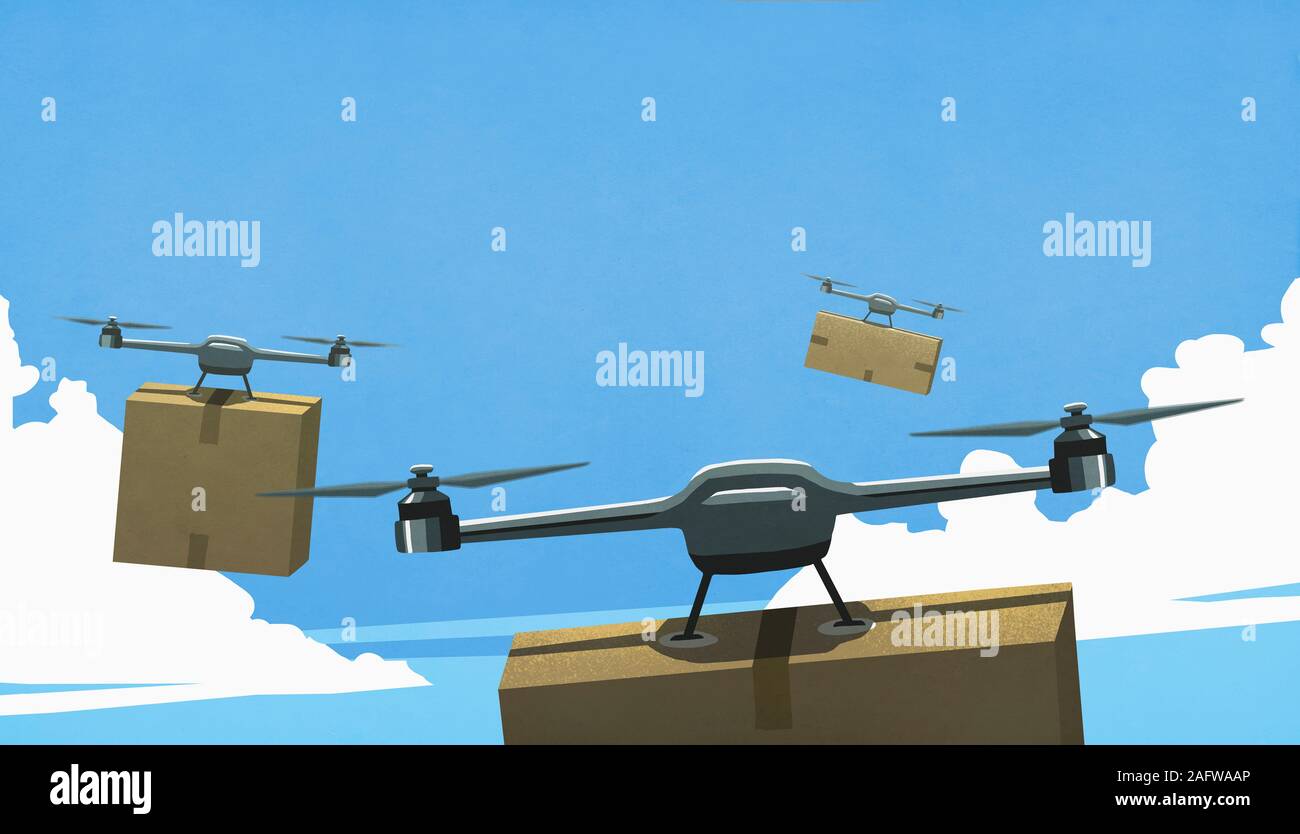 Drones flying in sky, delivering cardboard box packages Stock Photo - Alamy
