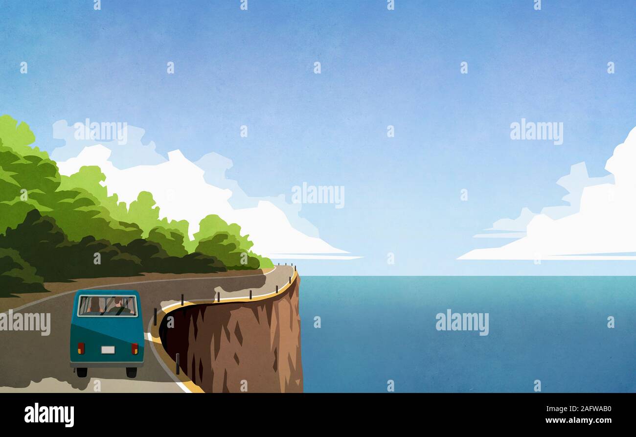 Couple driving retro van along ocean cliff Stock Photo - Alamy