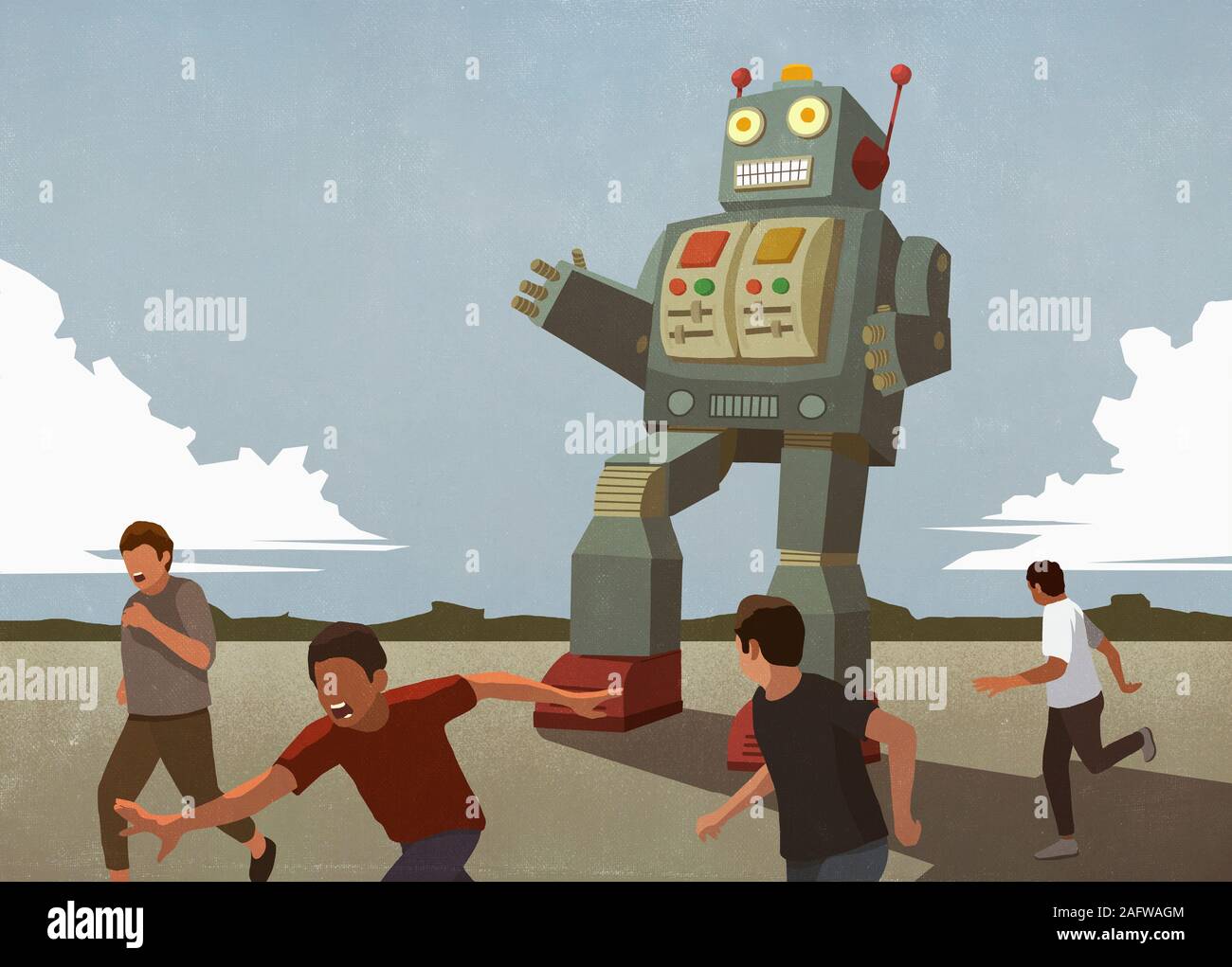 Large robot chasing boys Stock Photo - Alamy