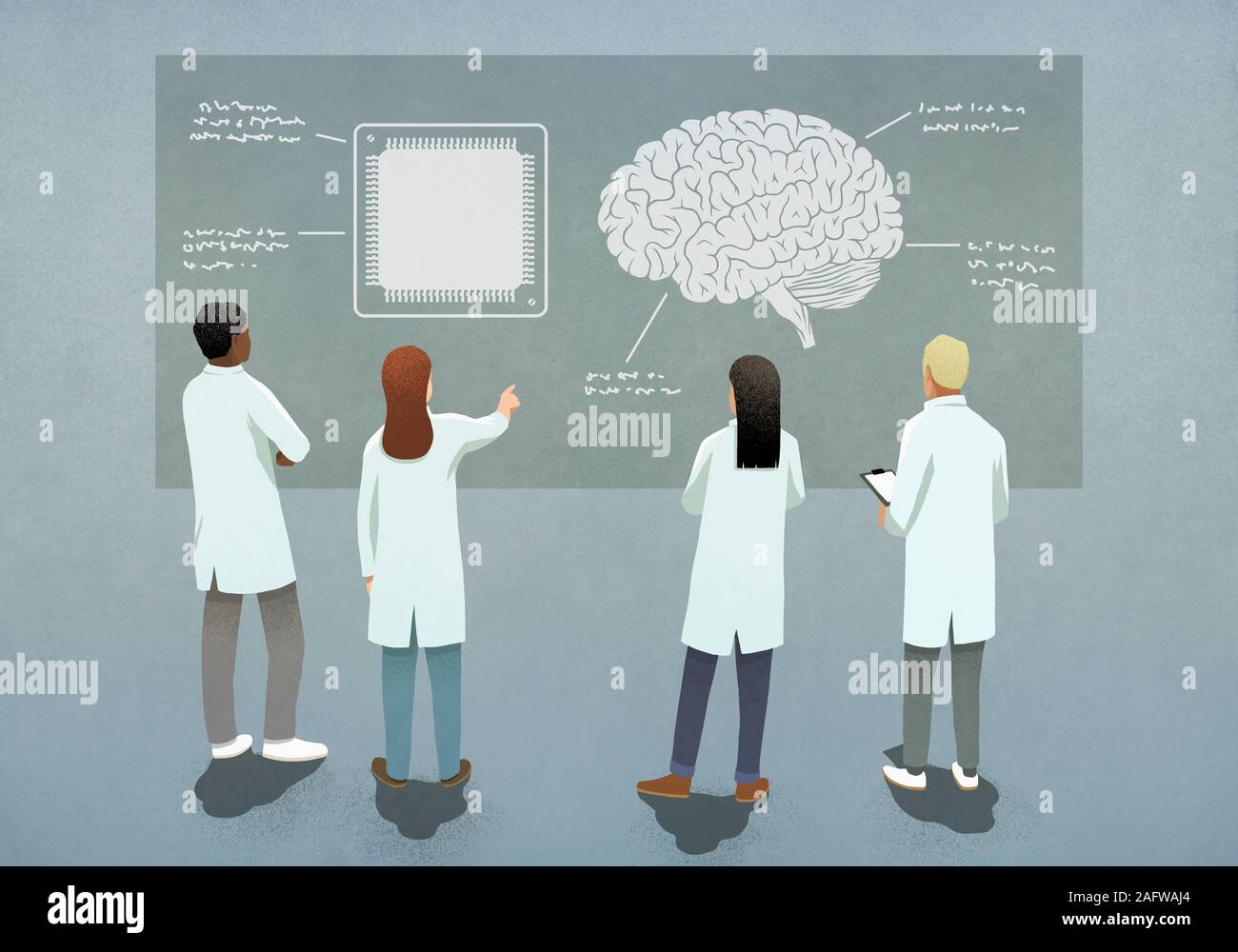 Scientists comparing computer chip and brain diagram Stock Photo - Alamy