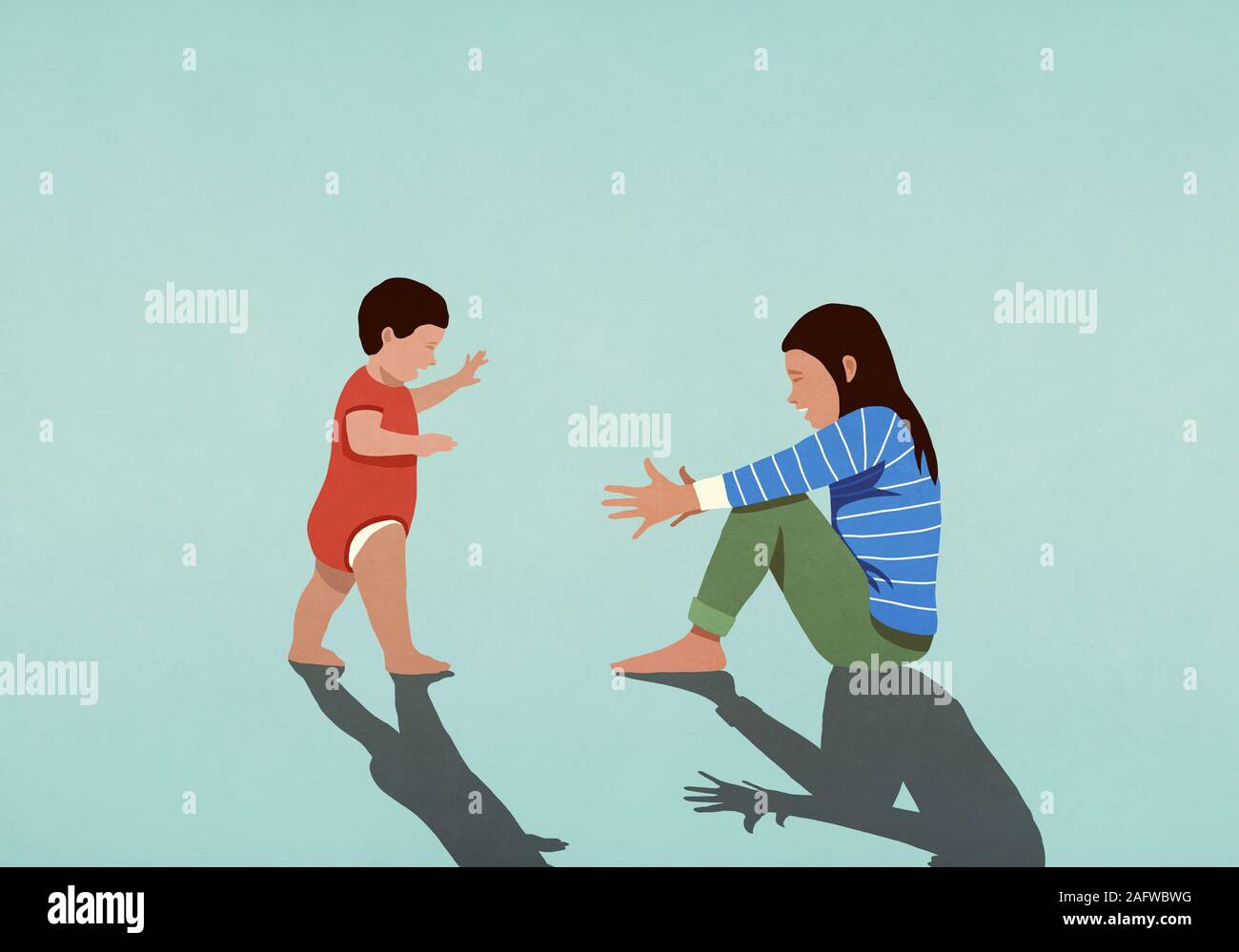 Baby taking first steps toward mother with arms outstretched Stock ...