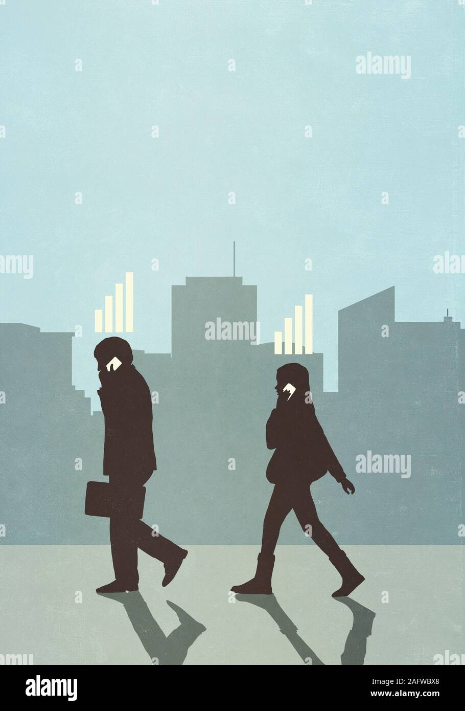 Cellular network bars above business people walking and talking on ...