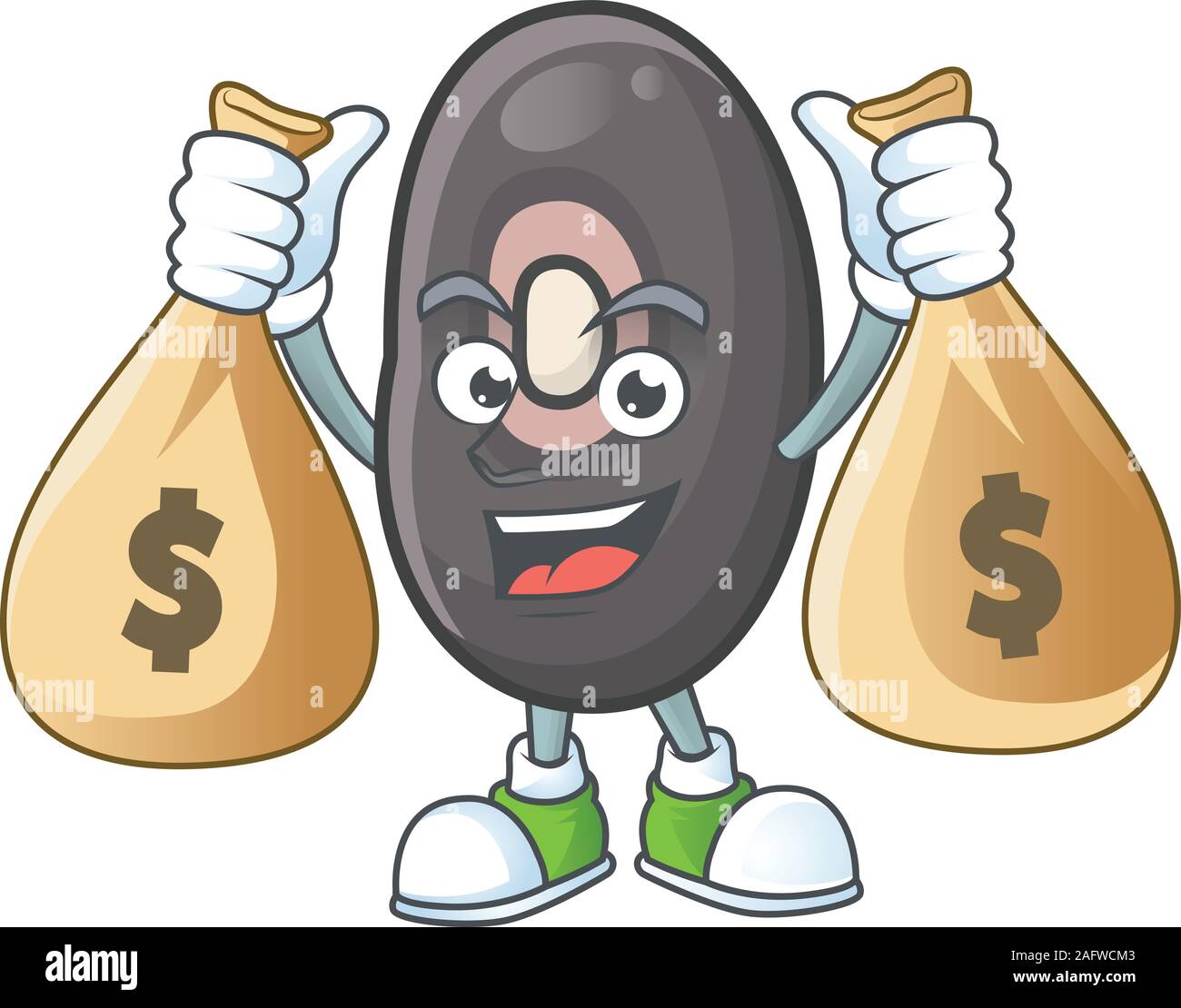 Happy black beans cartoon character with two money bags Stock Vector ...