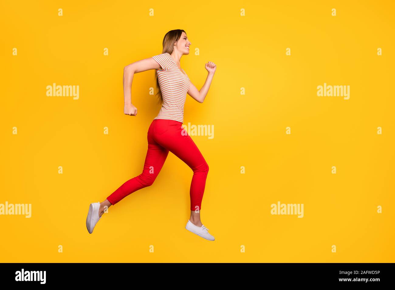 Full length profile photo of funky lady jumping high rushing discount ...