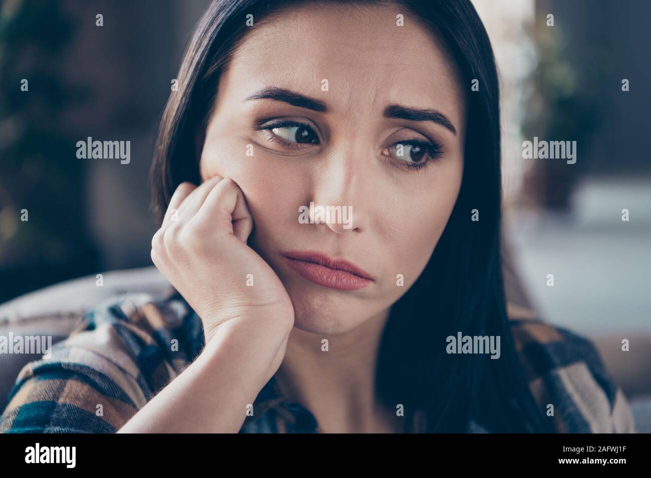 Closeup photo of pretty lady holding hand on cheek stressed with ...