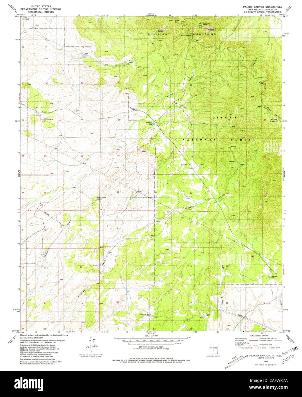 USGS TOPO Map New Mexico NM Pajaro Canyon 191801 1981 24000 Restoration ...
