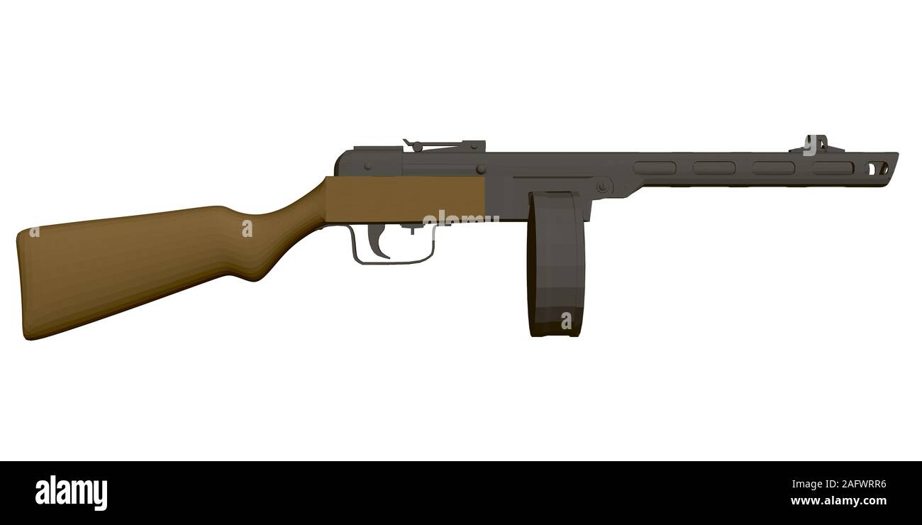 Polygonal Shpagin submachine gun. Soviet old machine gun. Side view. 3D ...