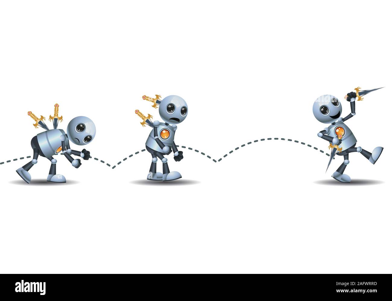 3d illustration of little robot confrontation stab from the back on ...